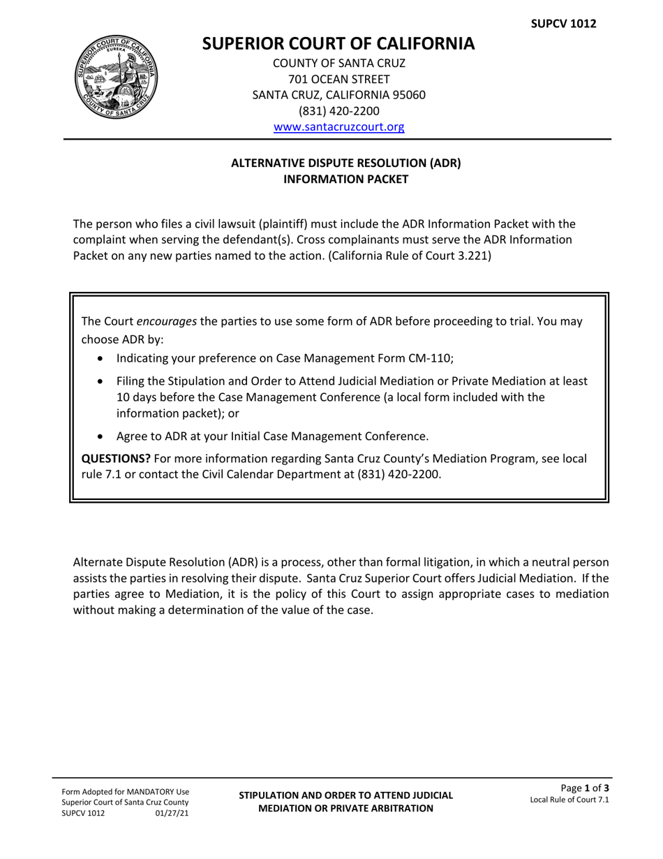 Form SUPCV-1012 - Fill Out, Sign Online and Download Fillable PDF ...