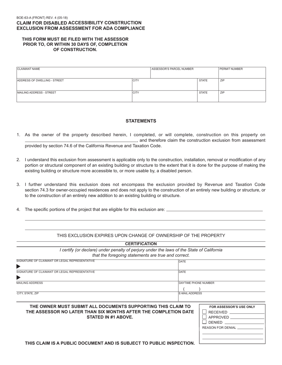 Form BOE-63-A - Fill Out, Sign Online and Download Fillable PDF ...