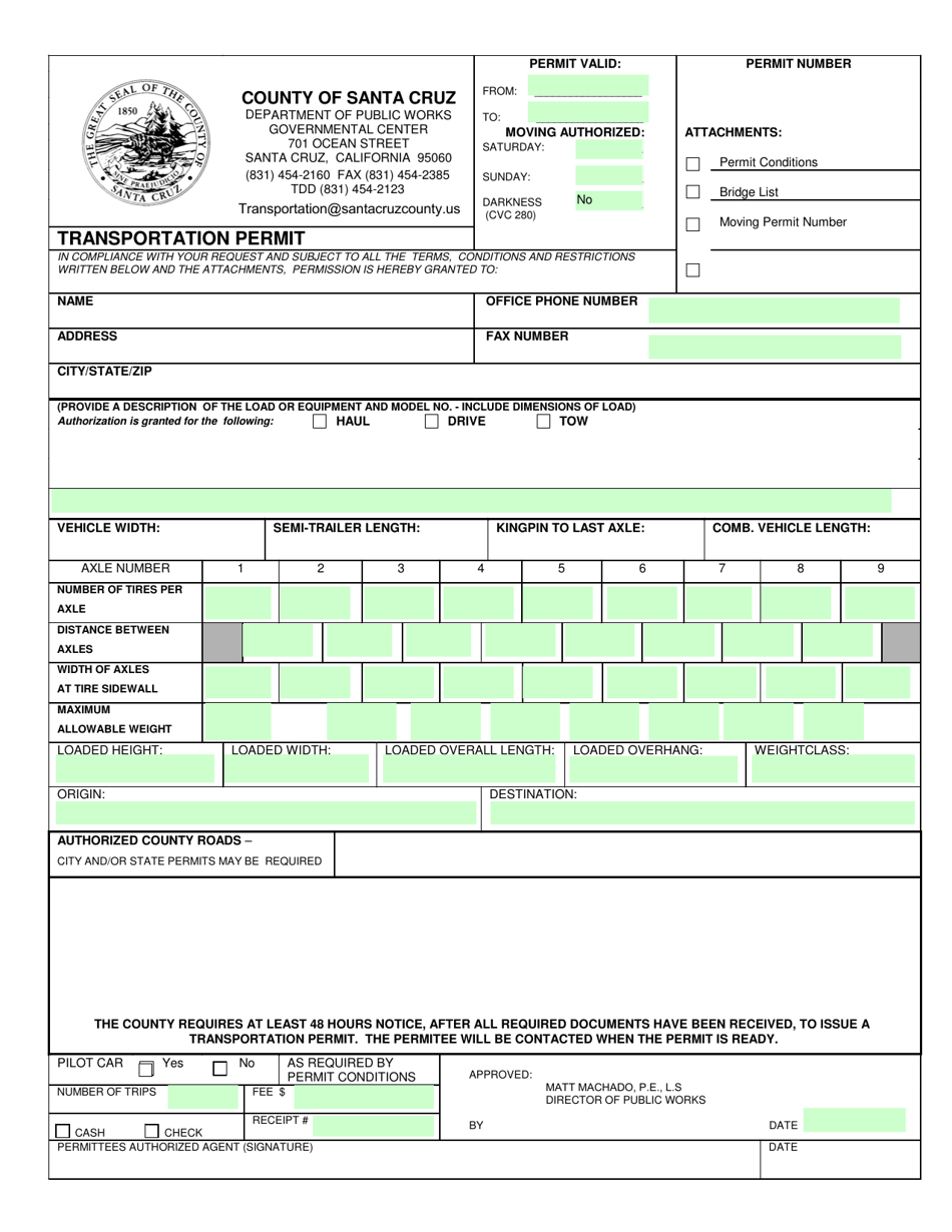 County of Santa Cruz, California Transportation Permit - Fill Out, Sign ...