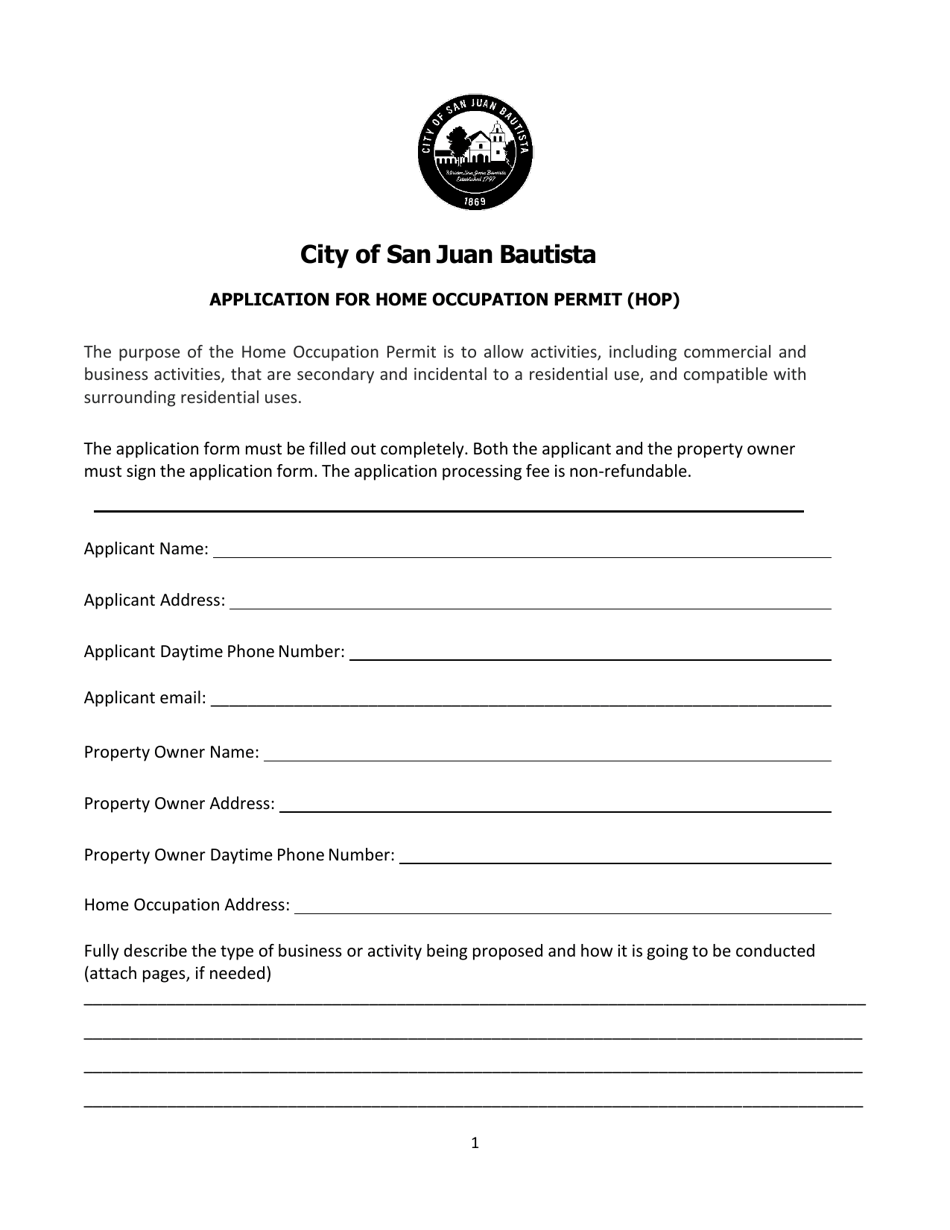 City of San Juan Bautista, California Application for Home Occupation ...