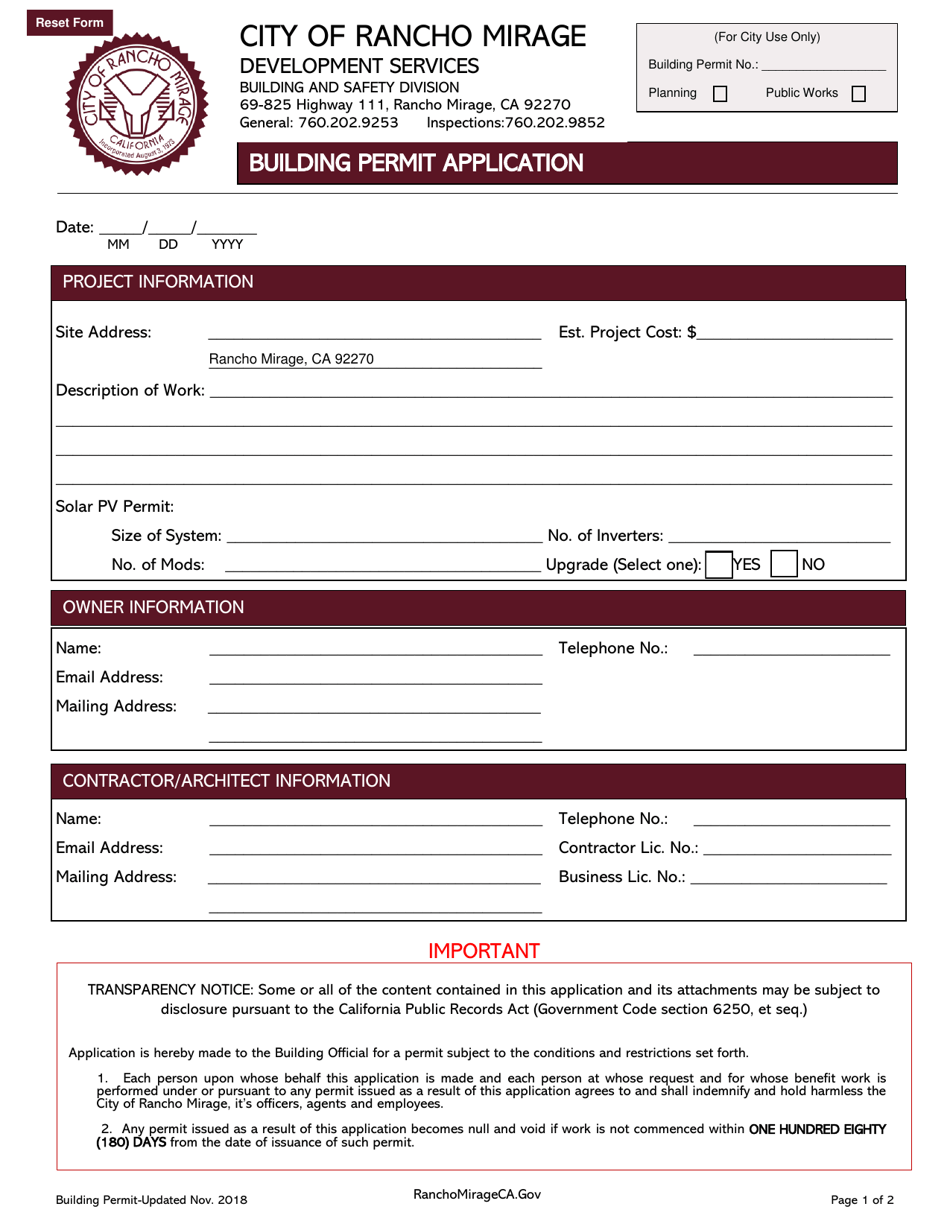 City of Rancho Mirage, California Building Permit Application - Fill ...