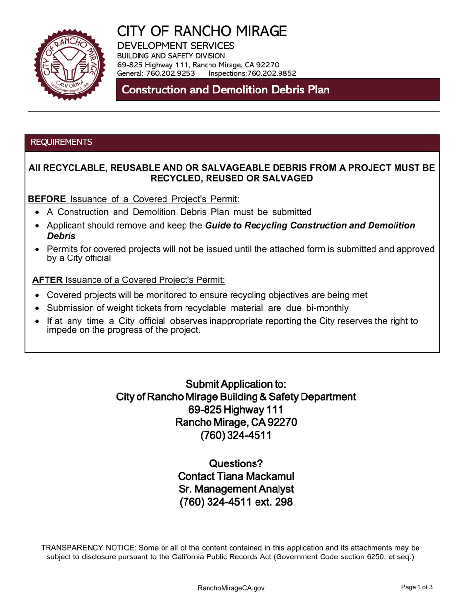 City of Rancho Mirage, California Construction and Demolition Debris ...