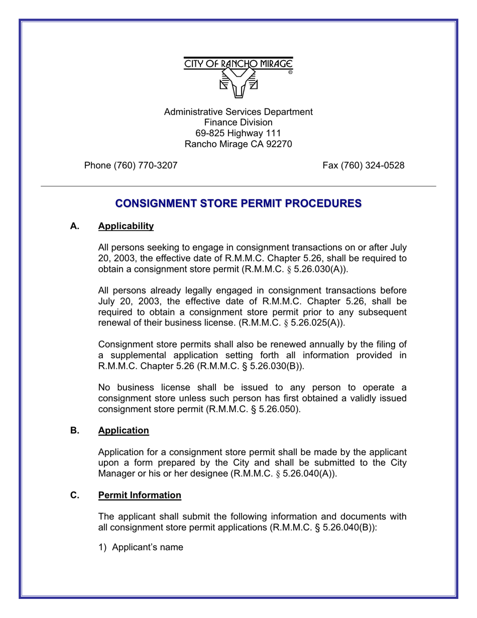 City of Rancho Mirage, California Consignment Store Permit Application ...