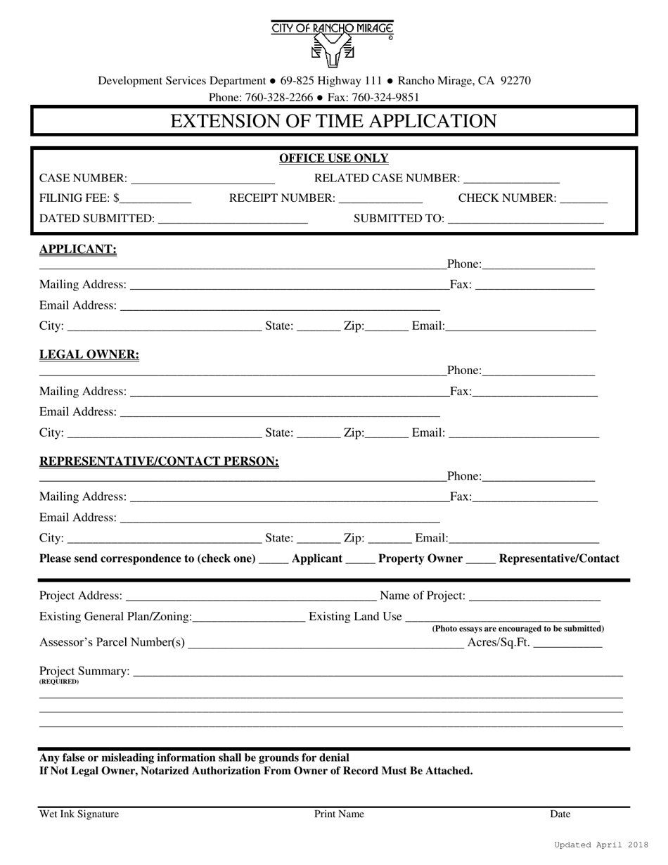 City of Rancho Mirage, California Extension of Time Application - Fill ...