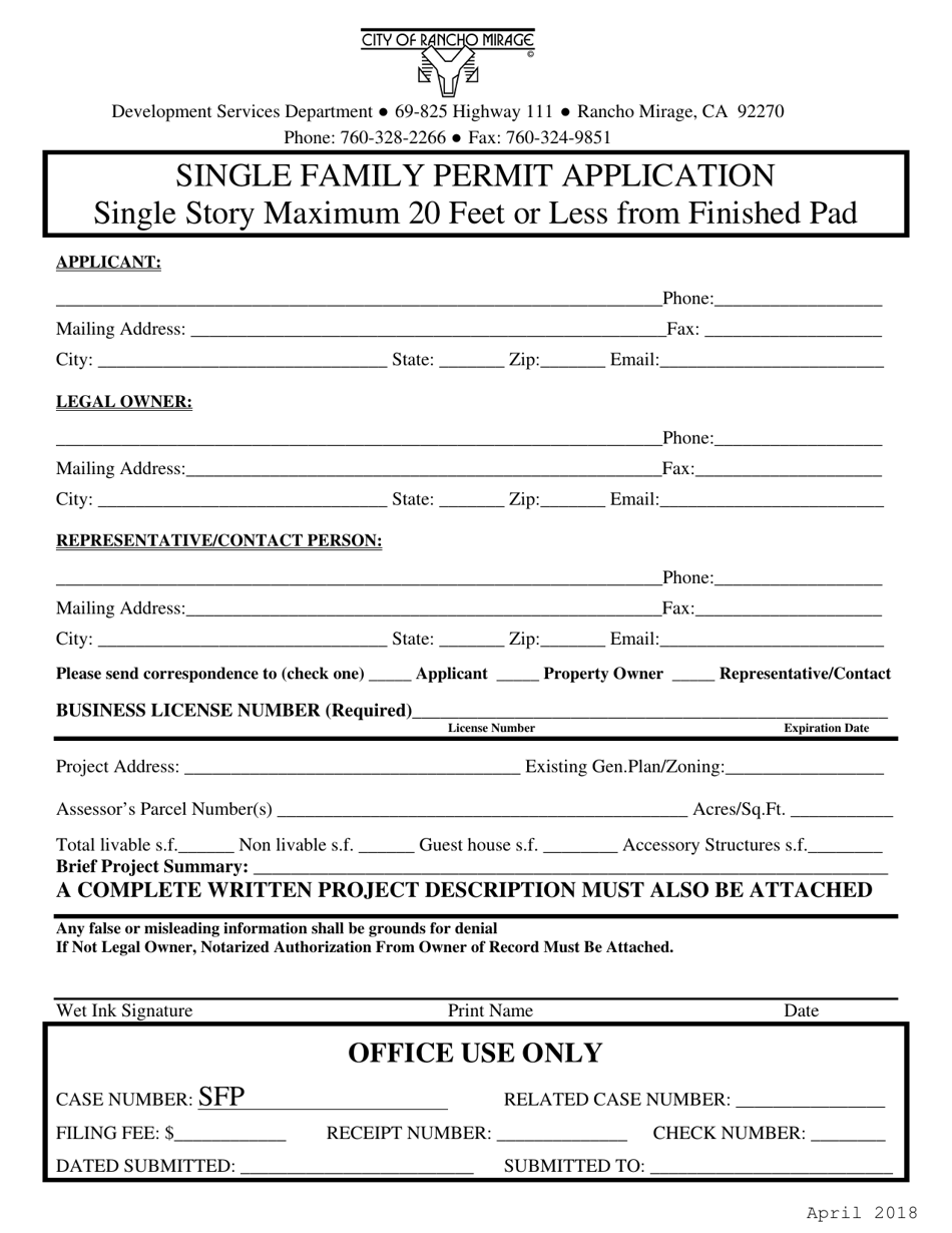 City of Rancho Mirage, California Single Family Permit Application ...