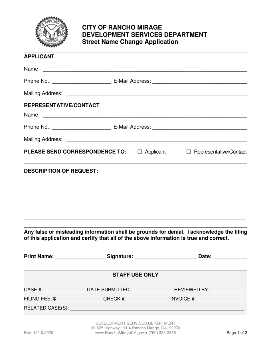 City of Rancho Mirage, California Street Name Change Application - Fill ...