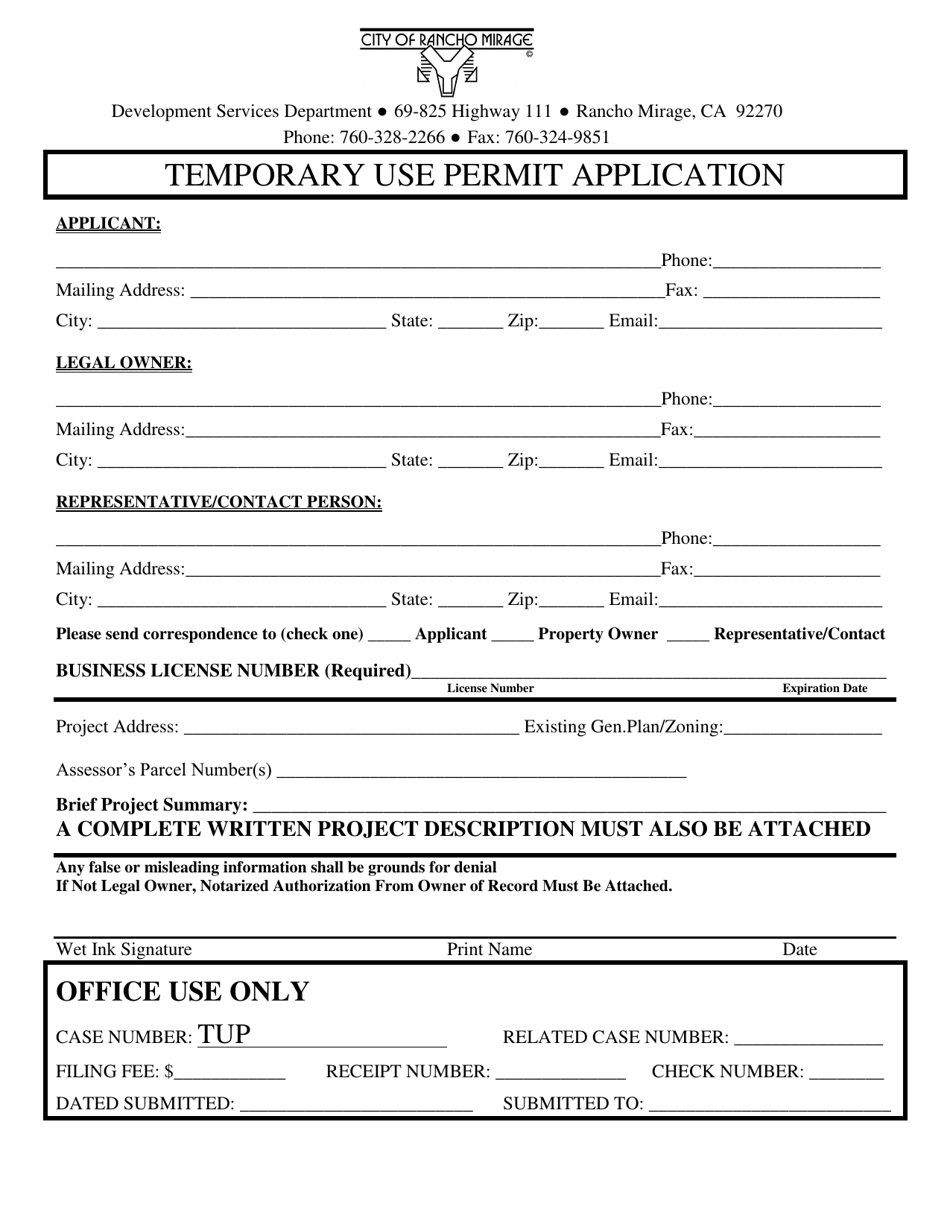 City of Rancho Mirage, California Temporary Use Permit Application ...