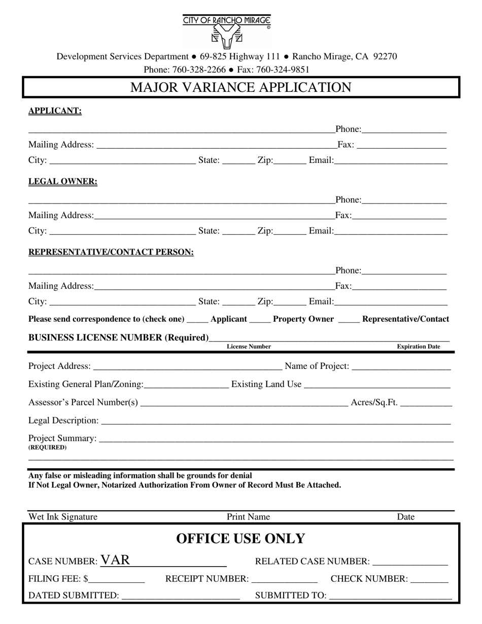 City of Rancho Mirage, California Major Variance Application - Fill Out ...