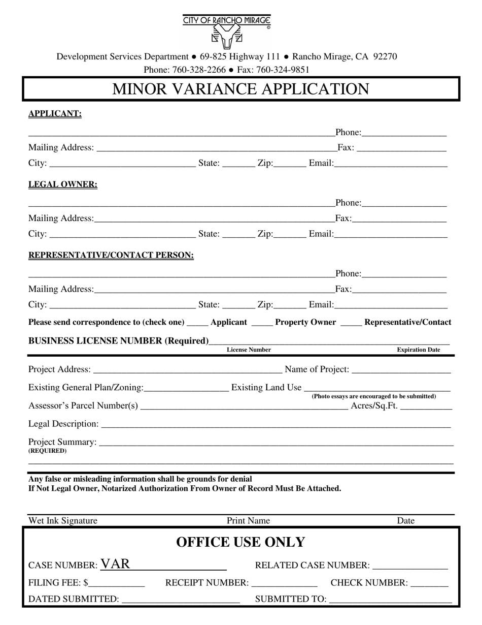 City of Rancho Mirage, California Minor Variance Application - Fill Out ...
