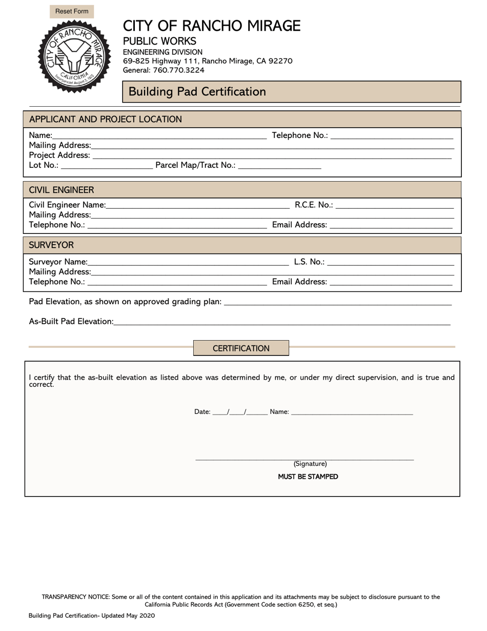 City of Rancho Mirage, California Building Pad Certification Download Fillable PDF | Templateroller