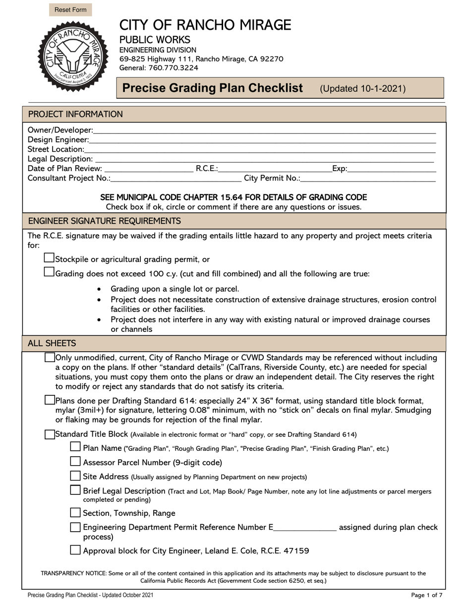 City of Rancho Mirage, California Precise Grading Plan Checklist - Fill ...