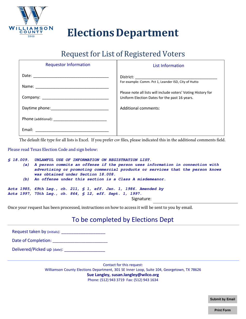 Williamson County, Texas Request for List of Registered Voters - Fill ...