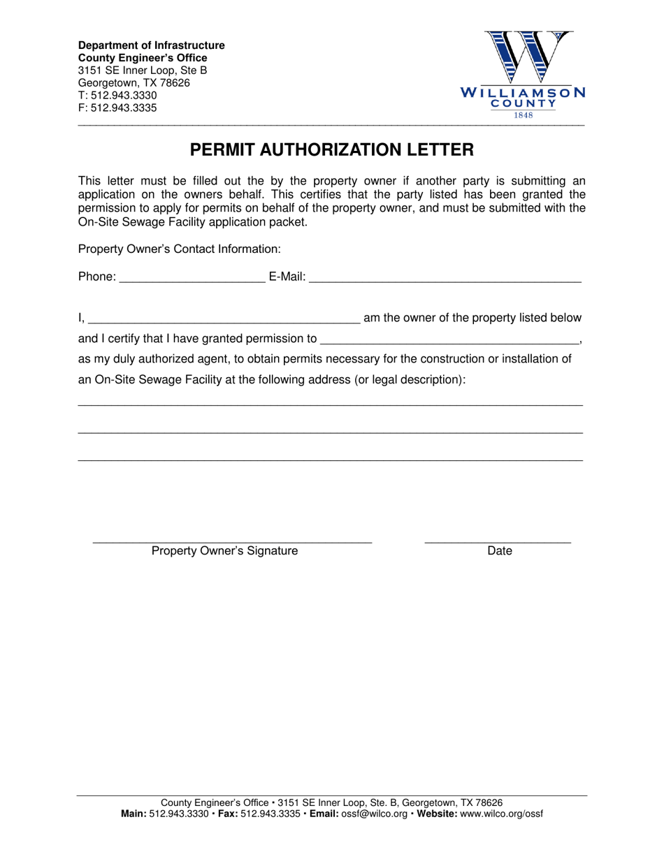 Williamson County, Texas Permit Authorization Letter - Fill Out, Sign ...