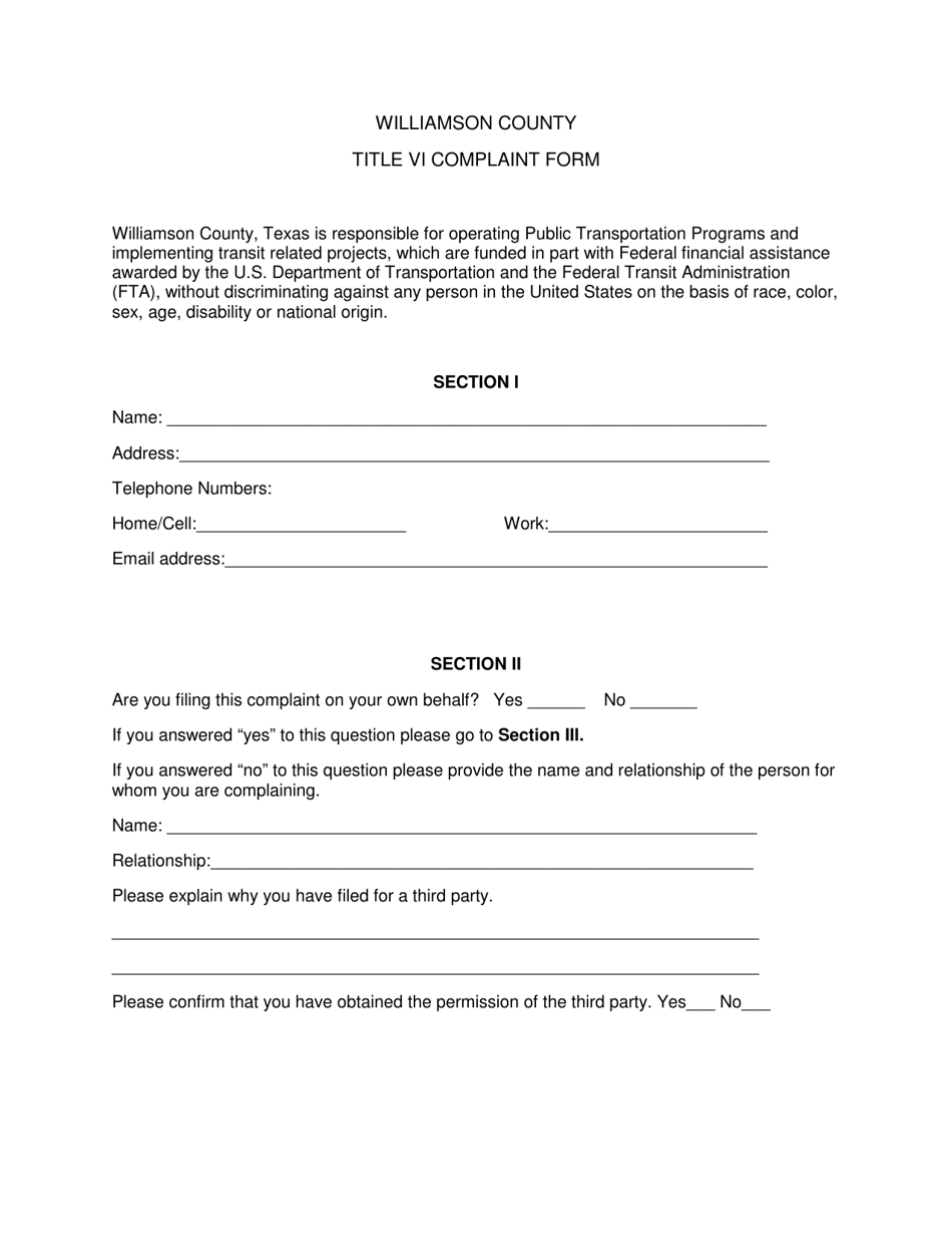 Williamson County, Texas Title VI Complaint Form - Fill Out, Sign ...