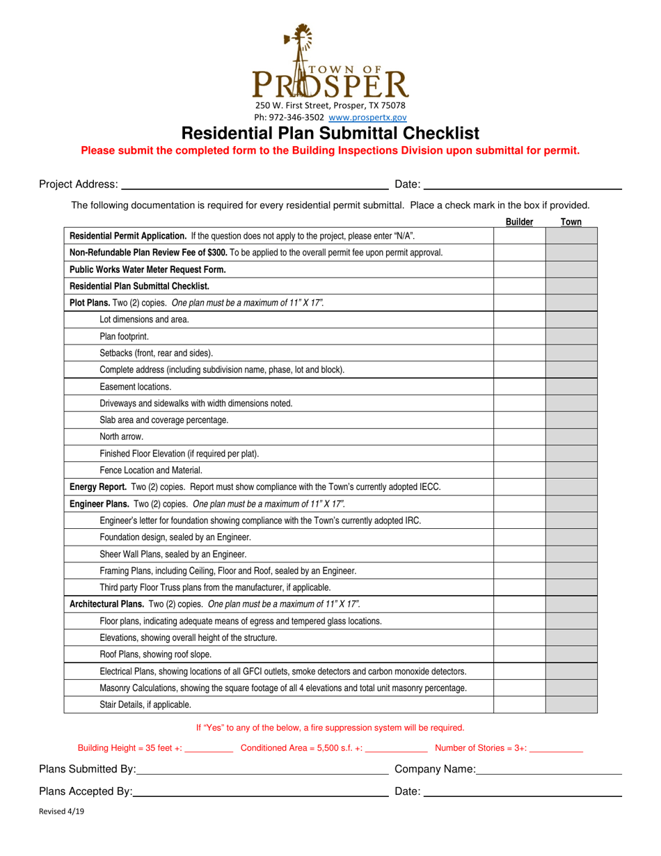 Town of Prosper, Texas Residential Plan Submittal Checklist - Fill Out ...