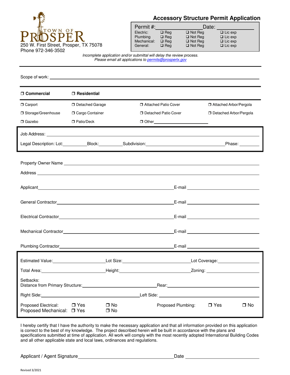 Town of Prosper, Texas Accessory Structure Permit Application - Fill ...