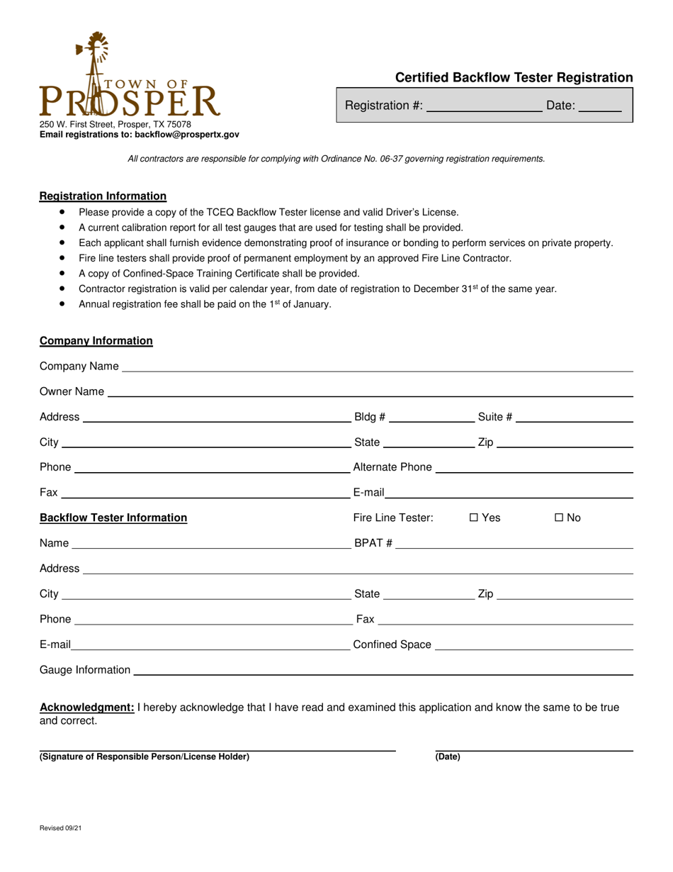 Town of Prosper, Texas Certified Backflow Tester Registration - Fill ...