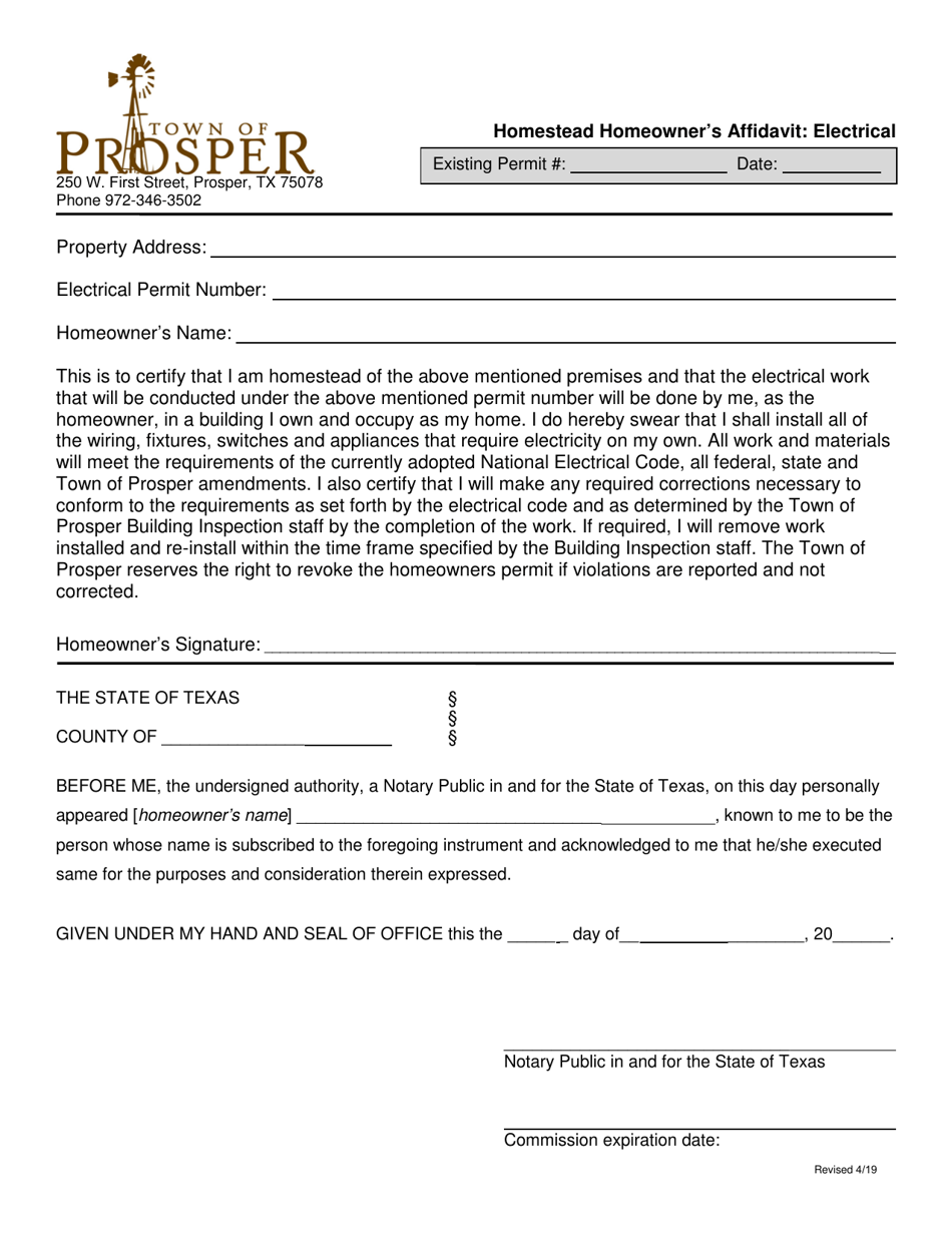 Town of Prosper, Texas Homestead Homeowner's Affidavit: Electrical ...