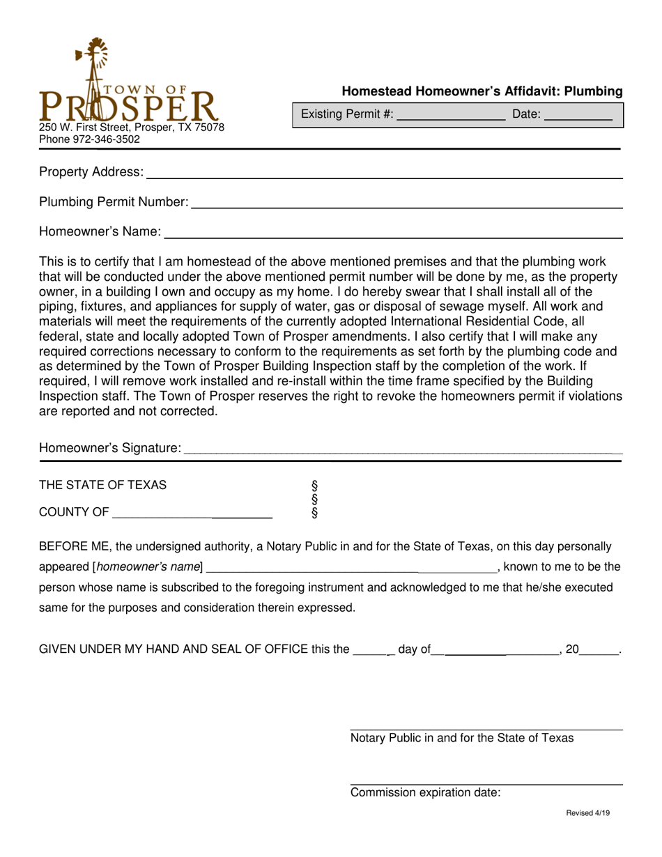 Town of Prosper, Texas Homestead Homeowner's Affidavit: Plumbing - Fill ...