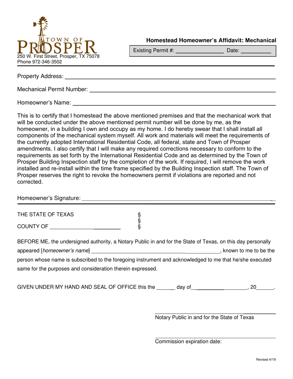 Town of Prosper, Texas Homestead Homeowner's Affidavit: Mechanical ...