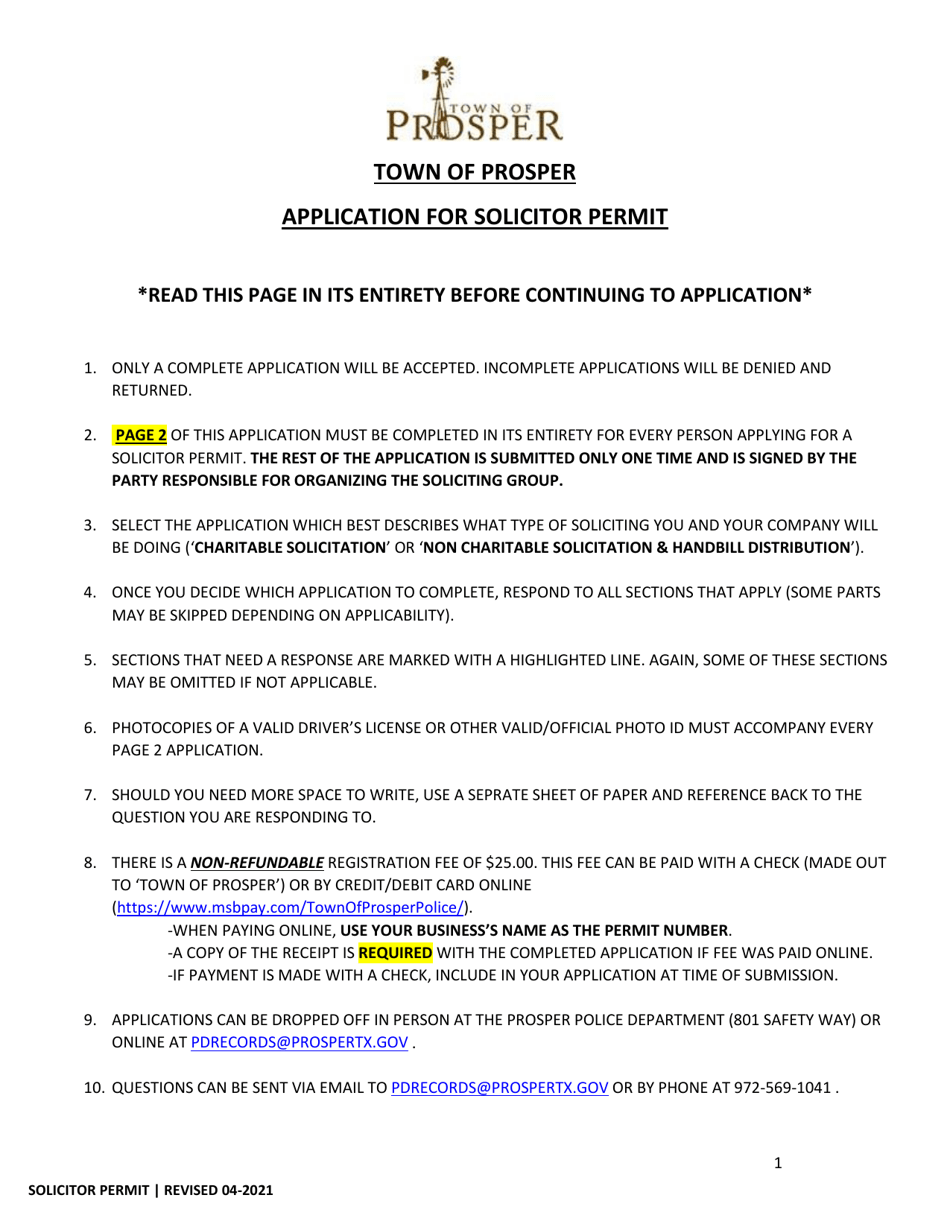 Town of Prosper, Texas Application for Solicitor Permit - Fill Out ...