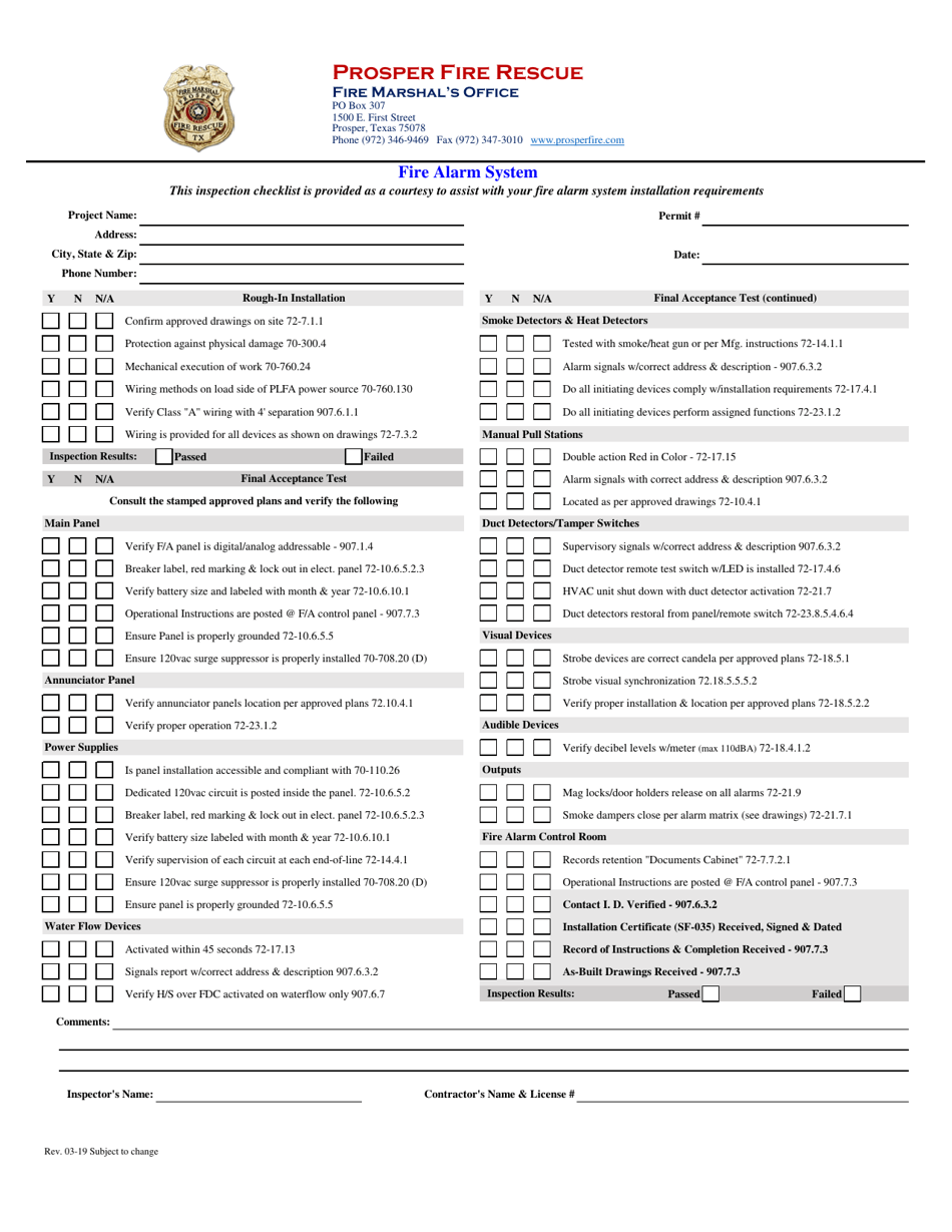 Town of Prosper, Texas Fire Alarm System Inspection Checklist - Fill ...