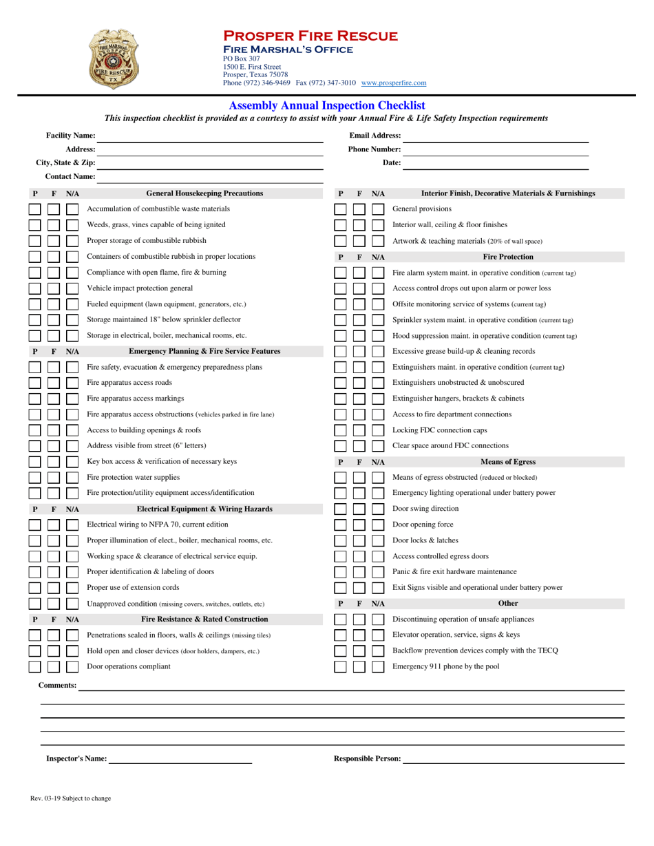 Town of Prosper, Texas Assembly Annual Inspection Checklist - Fill Out ...
