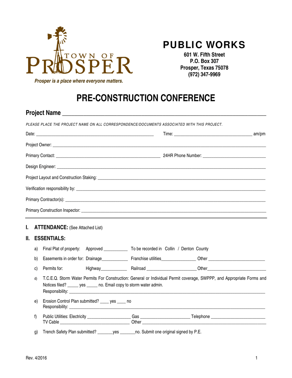 Town of Prosper, Texas Pre-construction Conference - Fill Out, Sign ...