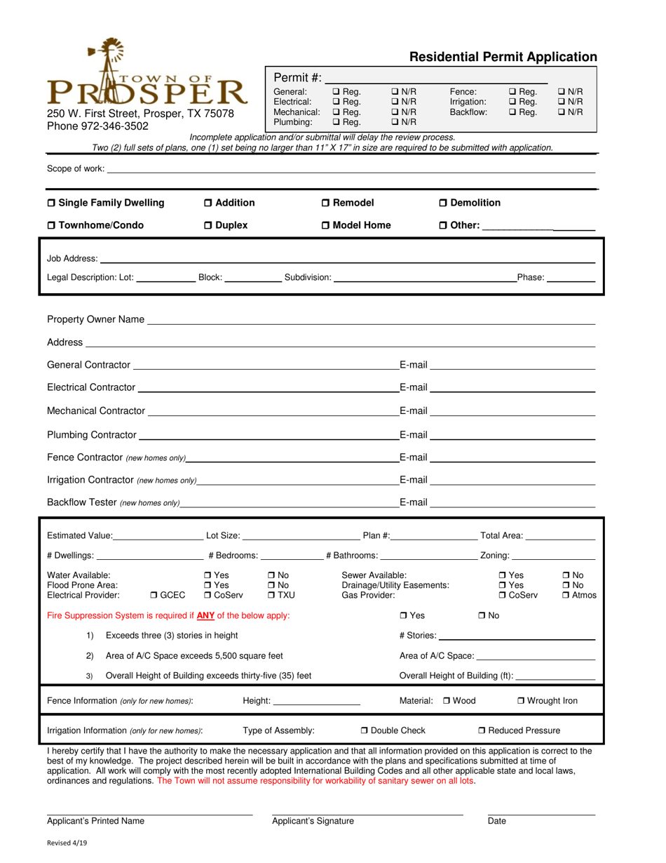 Town of Prosper, Texas Residential Permit Application - Fill Out, Sign ...