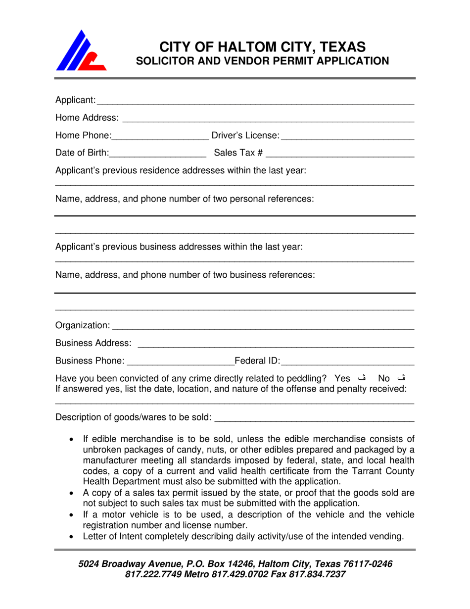 Haltom City, Texas Solicitor and Vendor Permit Application - Fill Out ...