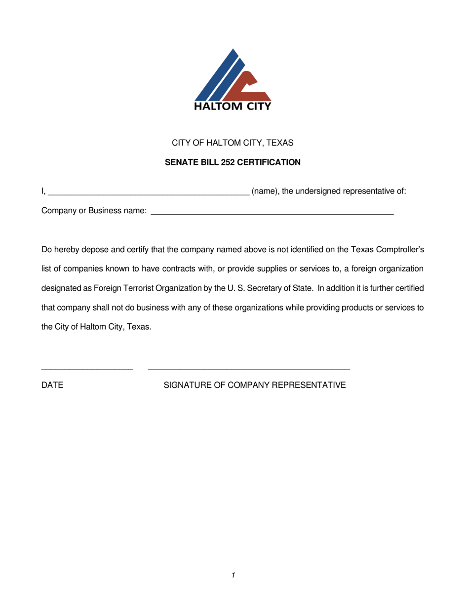 Haltom City, Texas Senate Bill 252 Certification - Fill Out, Sign ...