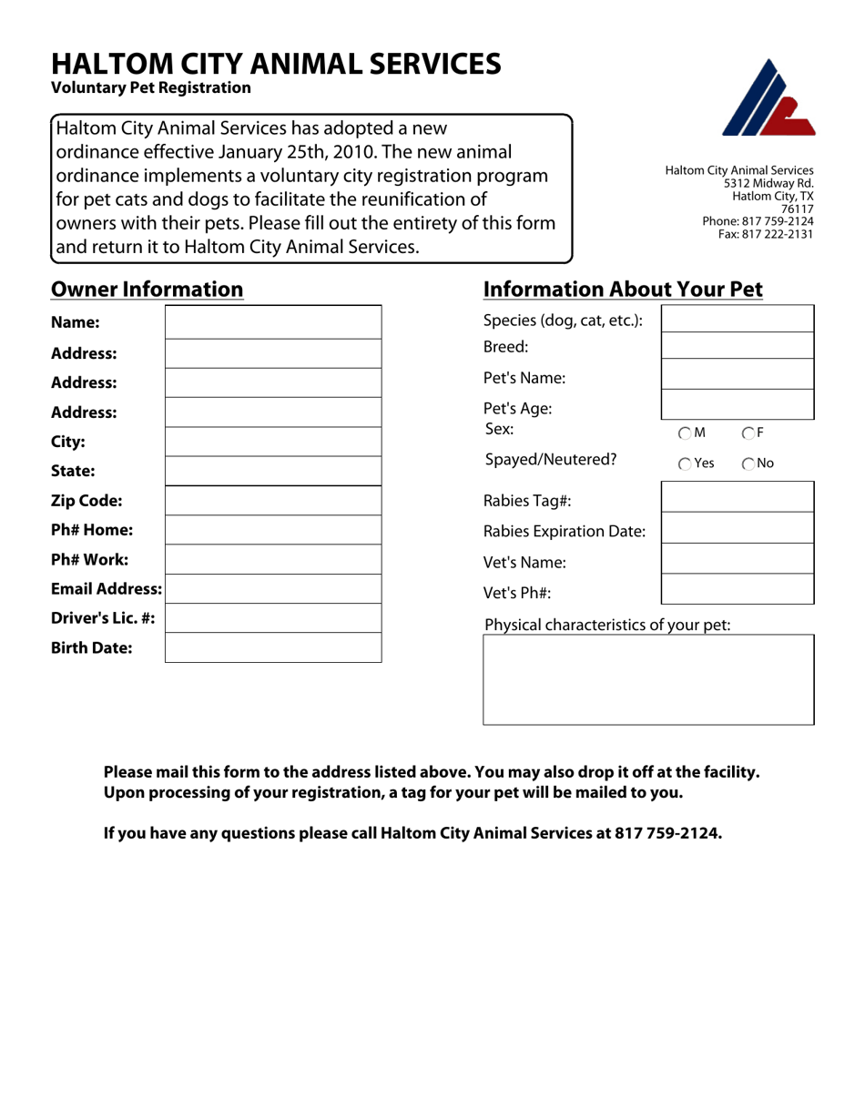 Haltom City, Texas Voluntary Pet Registration - Fill Out, Sign Online ...