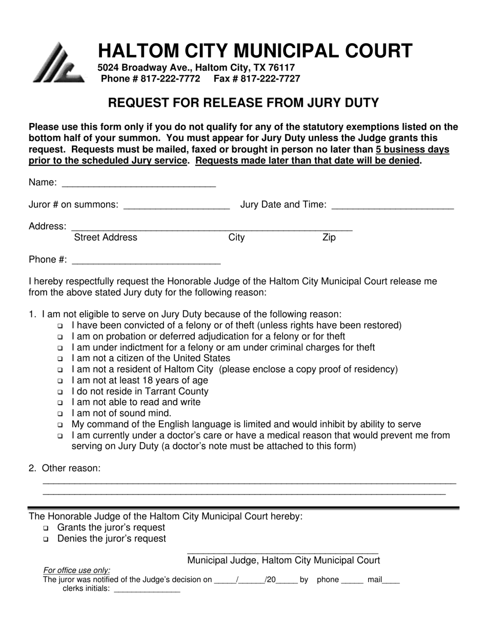 Haltom City, Texas Request for Release From Jury Duty - Fill Out, Sign ...