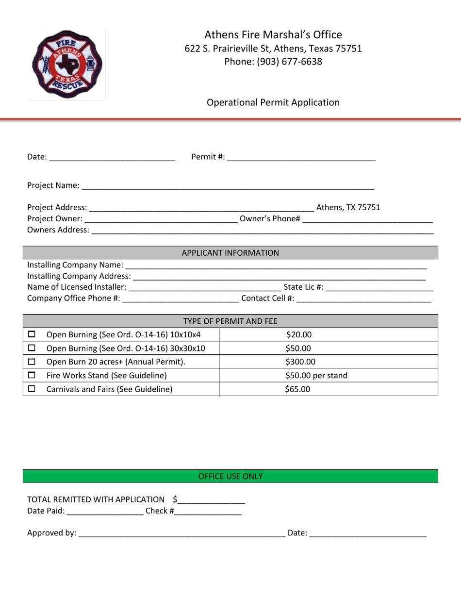 City of Athens, Texas Operational Permit Application - Fill Out, Sign ...
