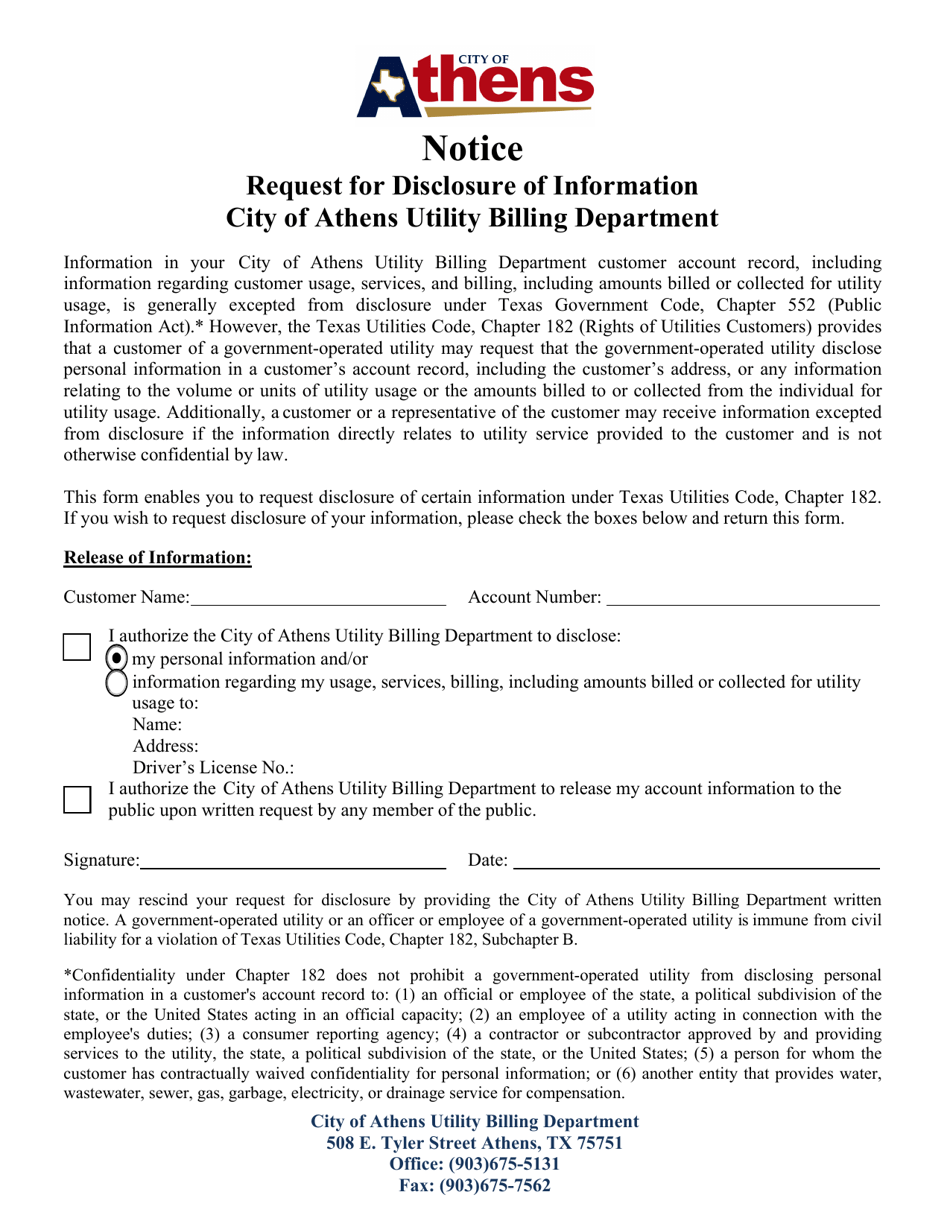 City of Athens, Texas Request for Disclosure of Information - Fill Out ...
