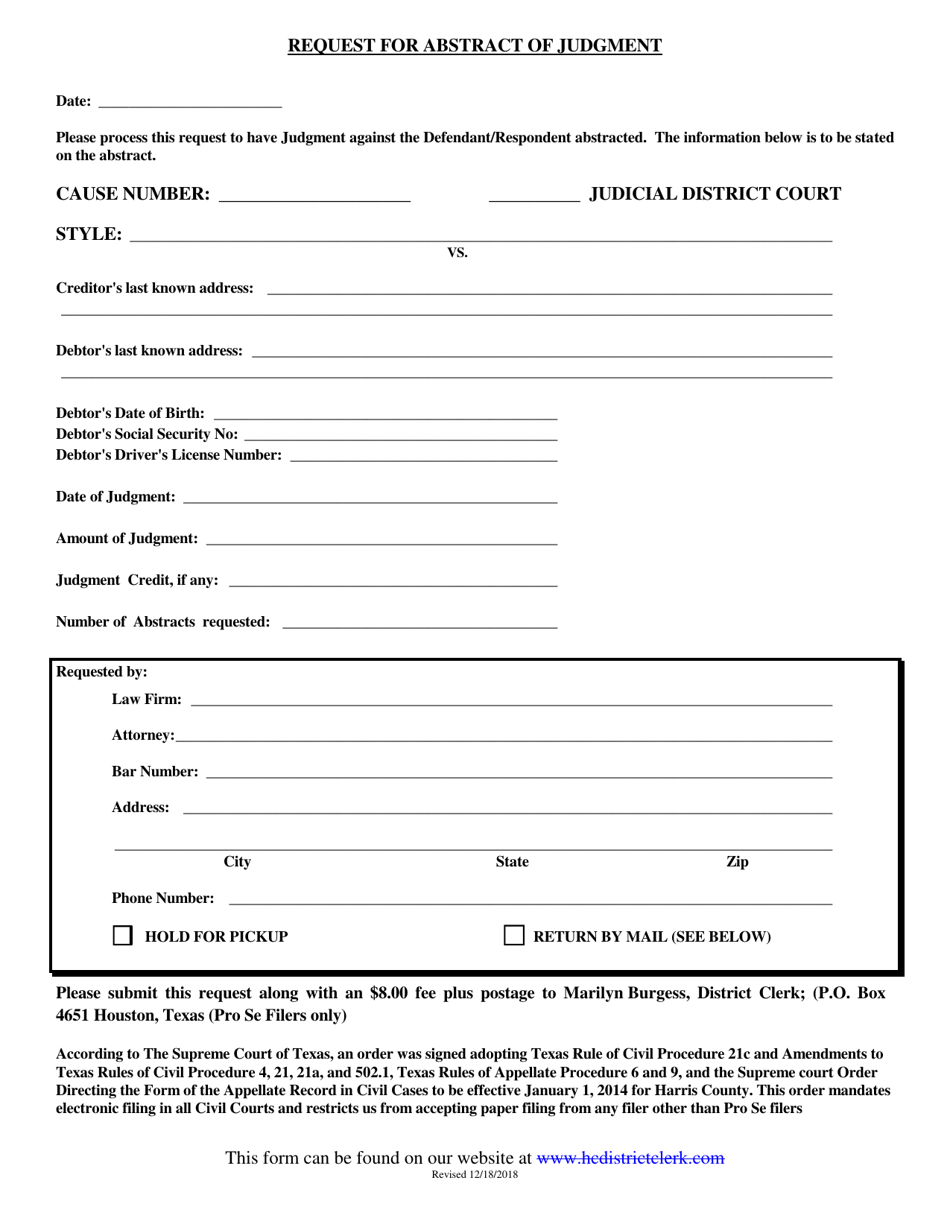 Harris County, Texas Request for Abstract of Judgment - Fill Out, Sign ...