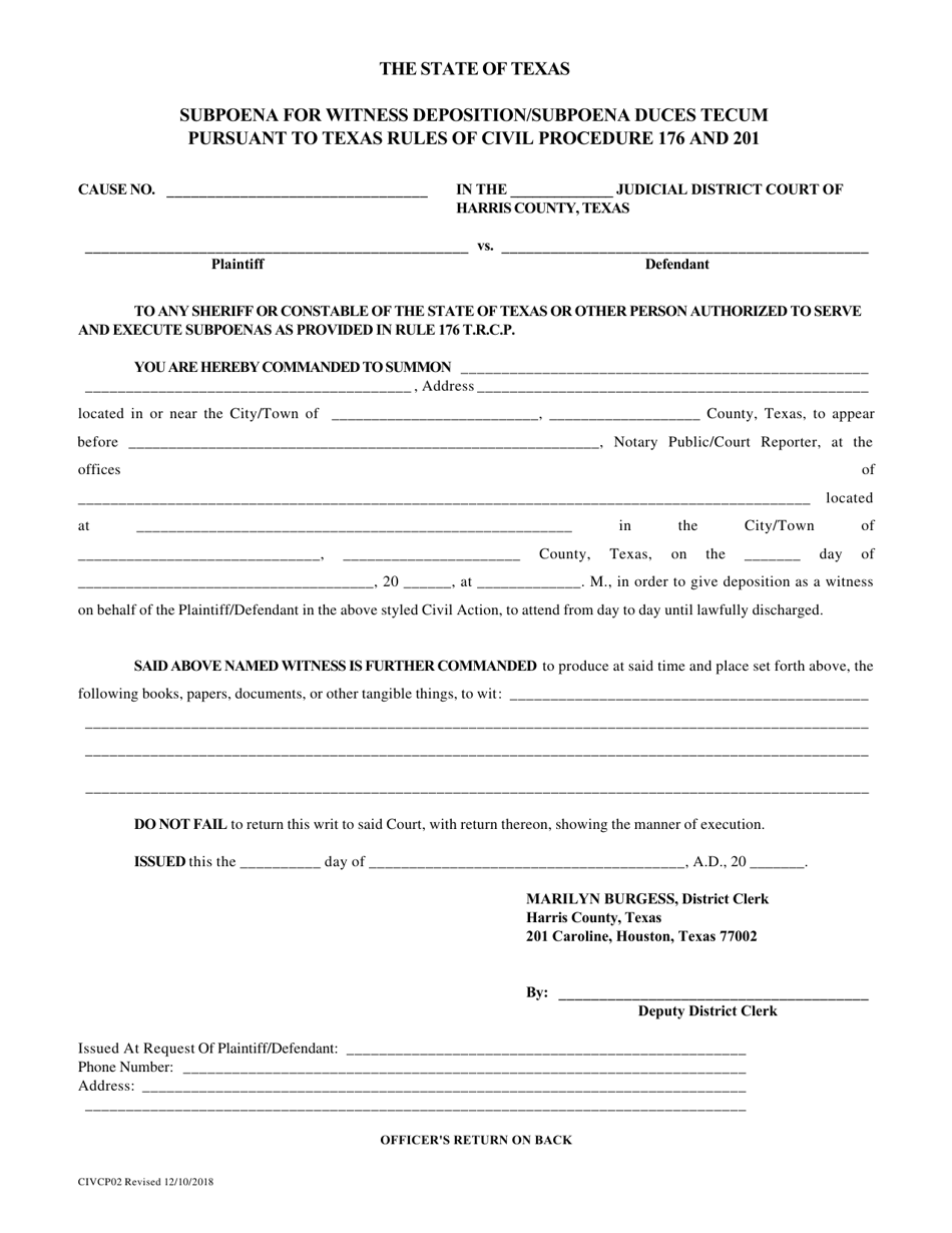 Form CIVCP02 - Fill Out, Sign Online and Download Fillable PDF, Harris ...