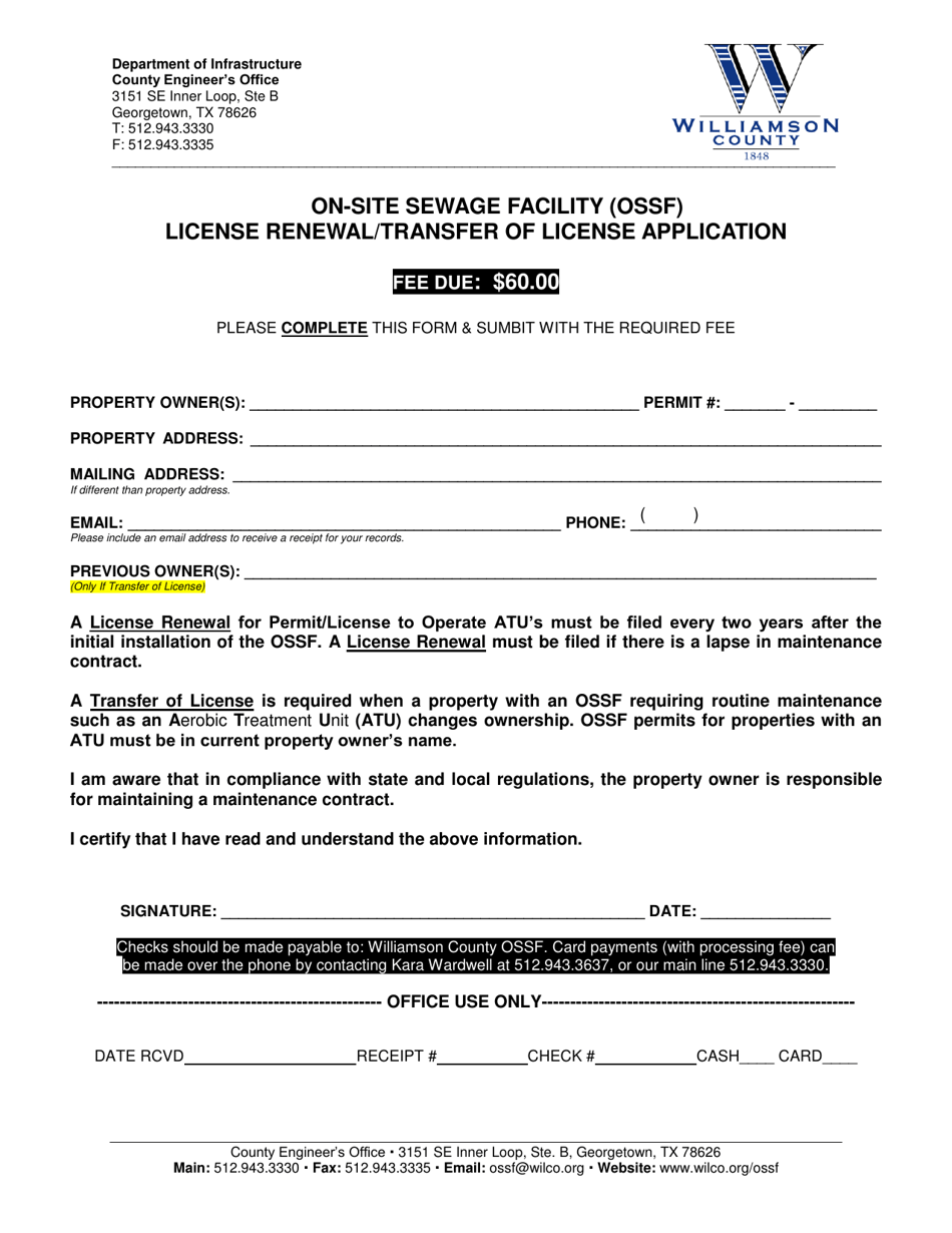 Williamson County, Texas On-Site Sewage Facility (Ossf) License Renewal ...