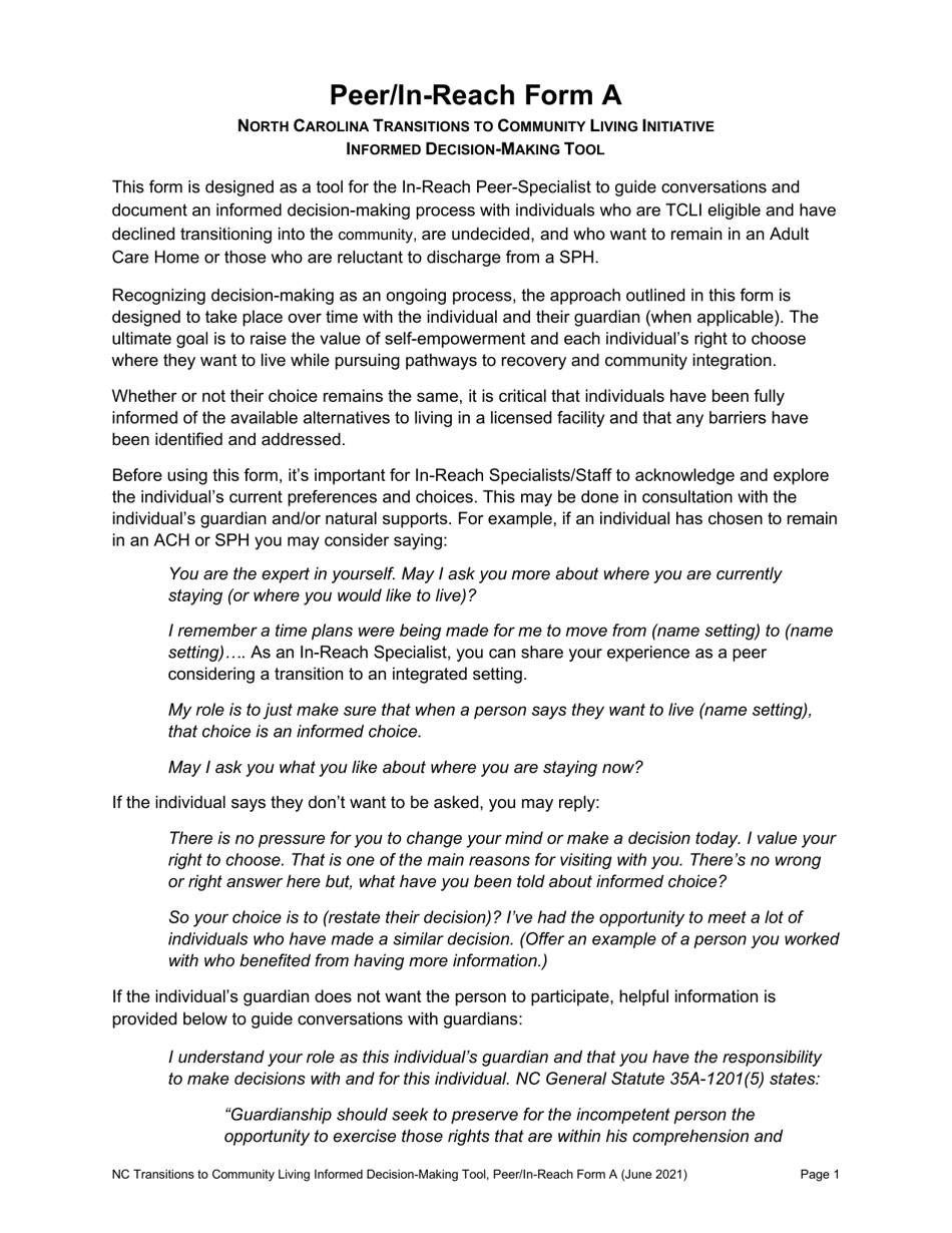 Peer/In-Reach Form A - Fill Out, Sign Online and Download Fillable PDF ...