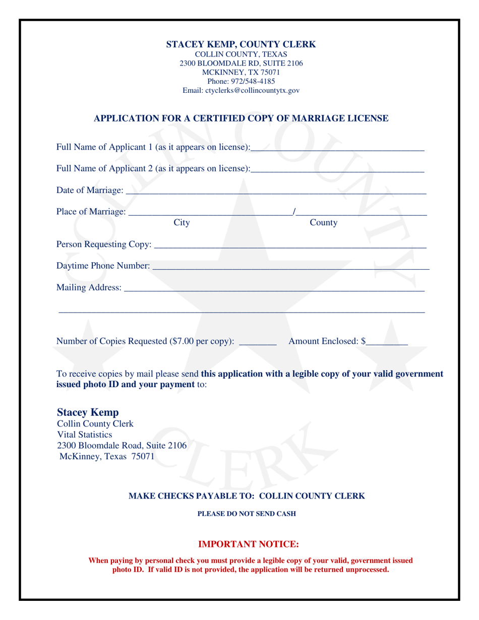 Collin County, Texas Application for a Certified Copy of Marriage ...