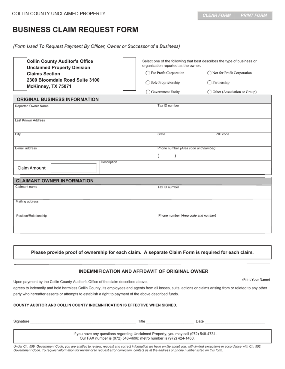Collin County, Texas Business Claim Request Form - Fill Out, Sign ...