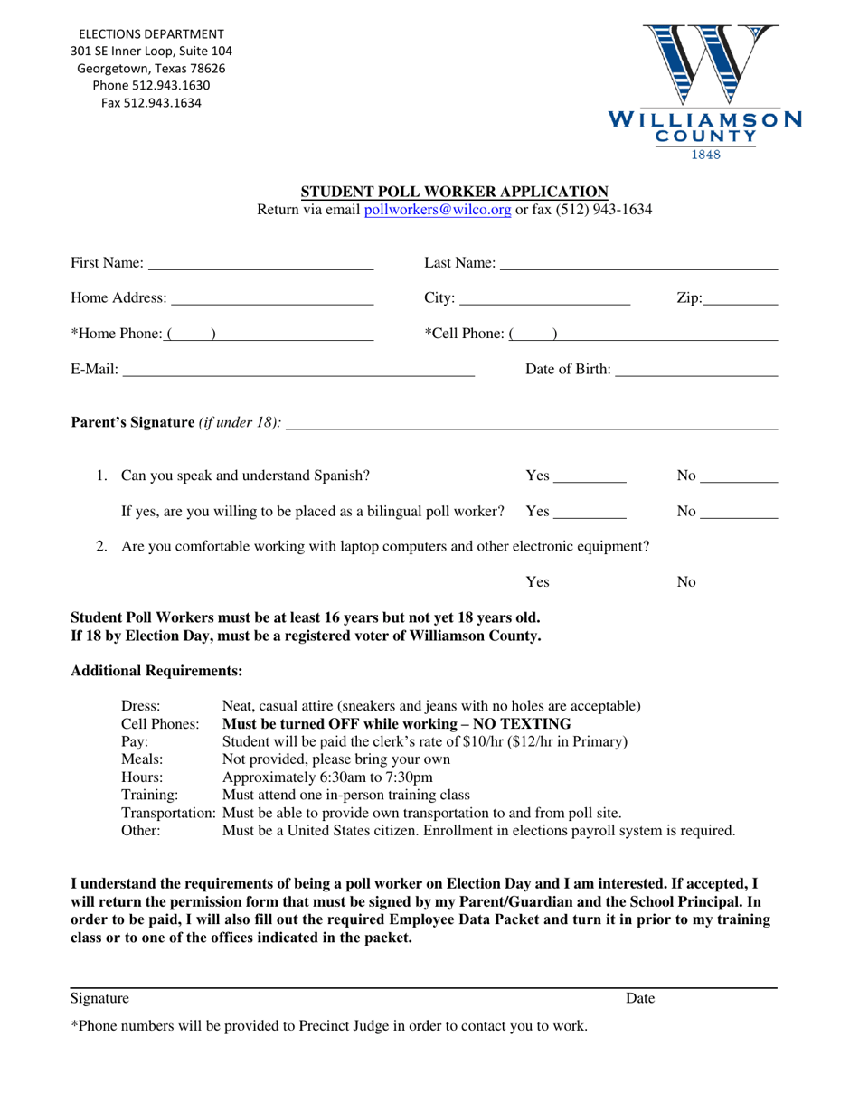 Williamson County, Texas Student Poll Worker Application - Fill Out ...