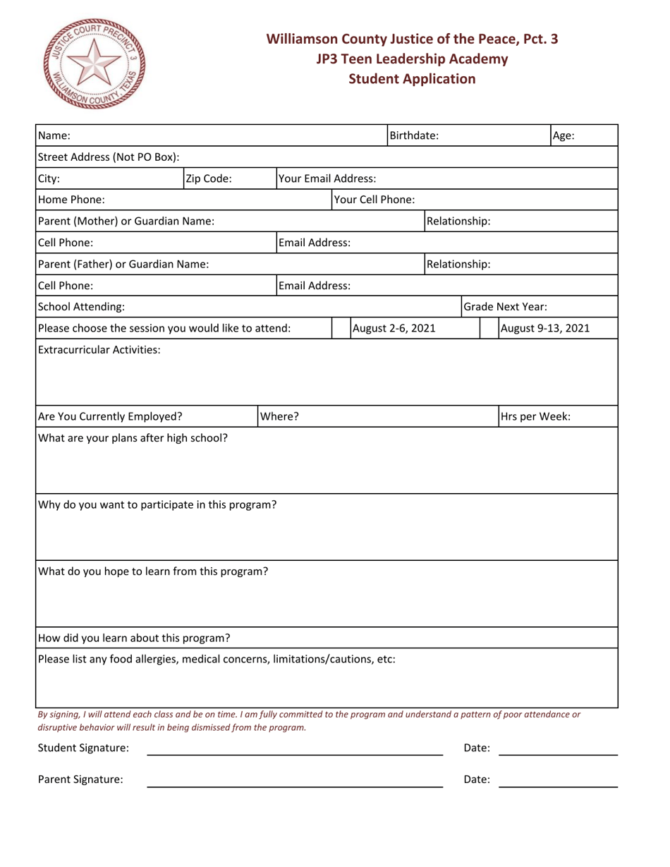 Williamson County, Texas Student Application - Jp3 Teen Leadership ...