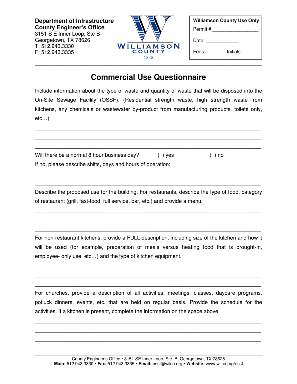 Williamson County, Texas Commercial Use Questionnaire - Fill Out, Sign ...