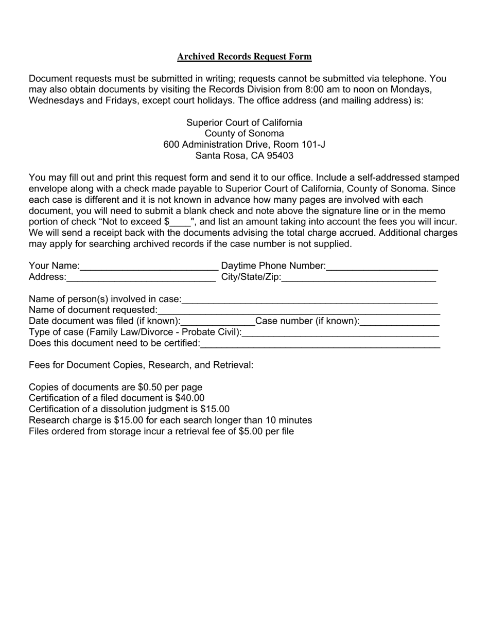 County of Sonoma, California Archived Records Request Form - Fill Out ...