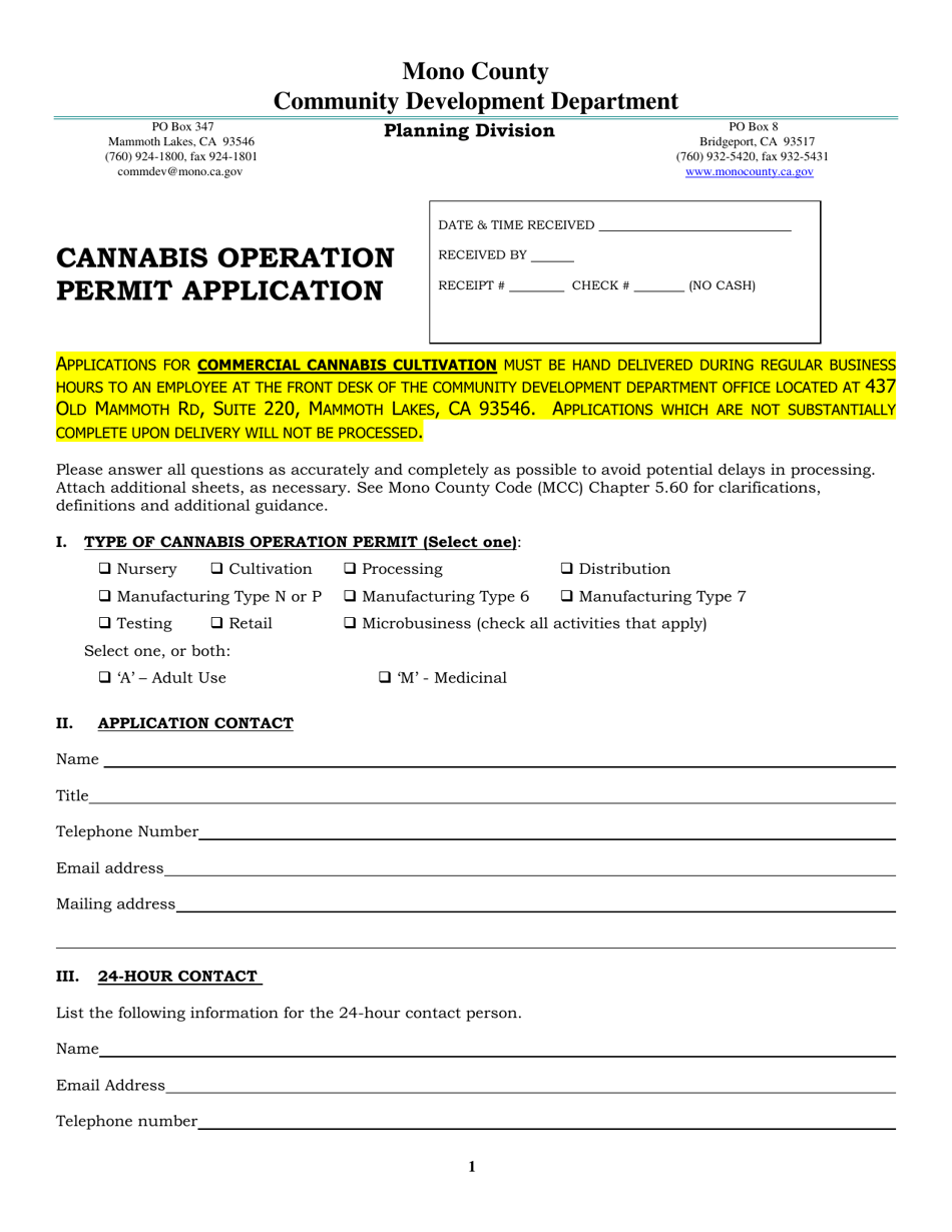 Mono County, California Cannabis Operation Permit Application - Fill ...