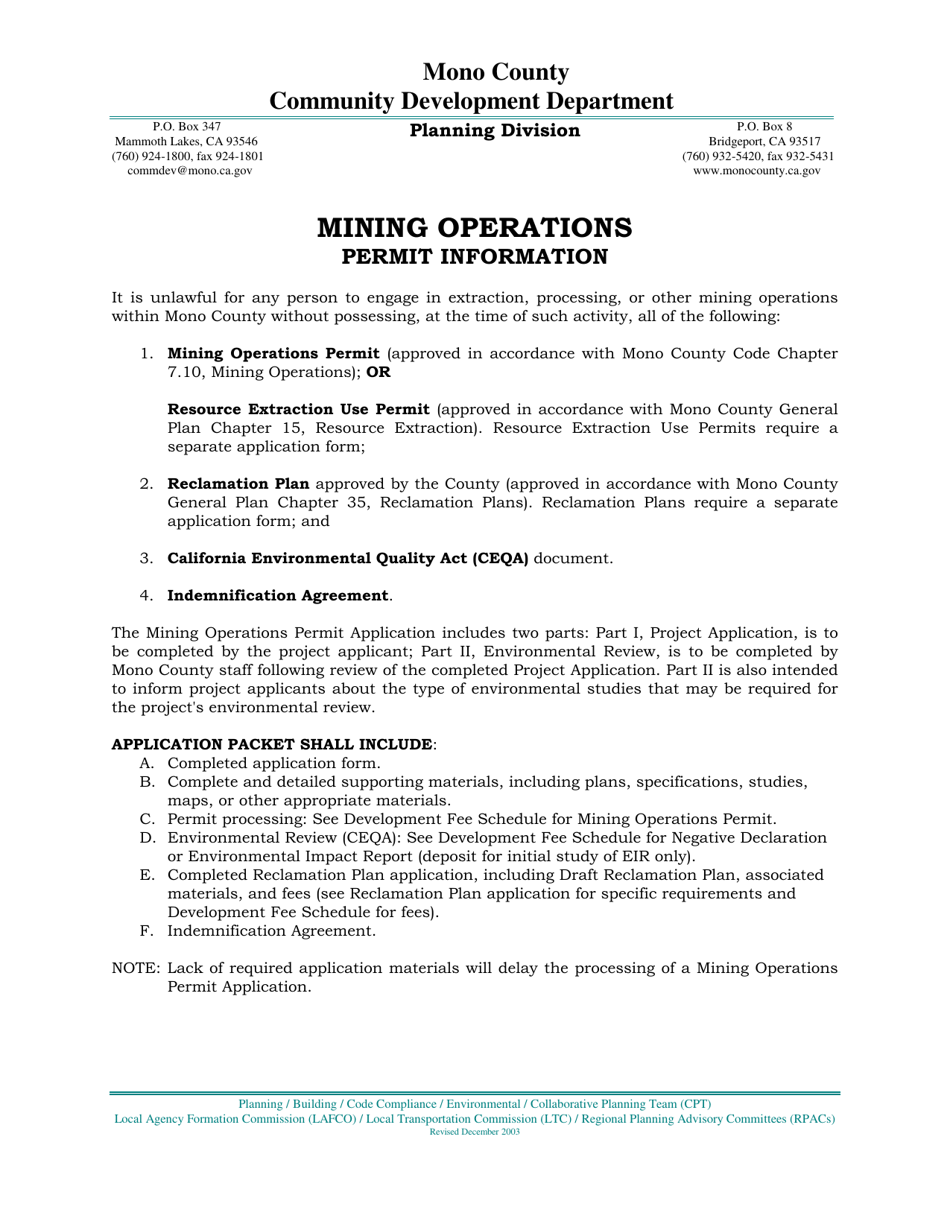 Mono County, California Mining Operations Permit Application - Fill Out ...