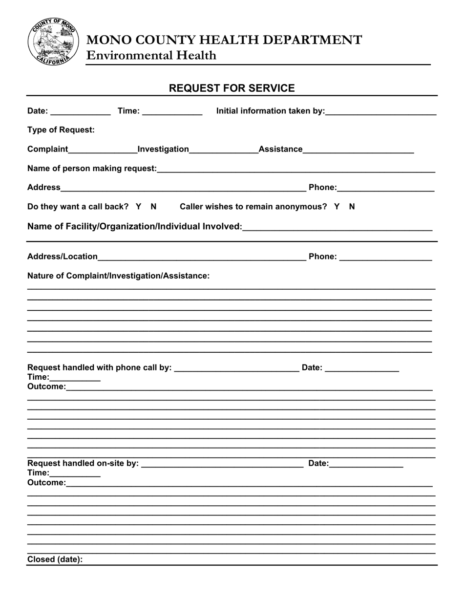 Mono County, California Request for Service - Fill Out, Sign Online and ...