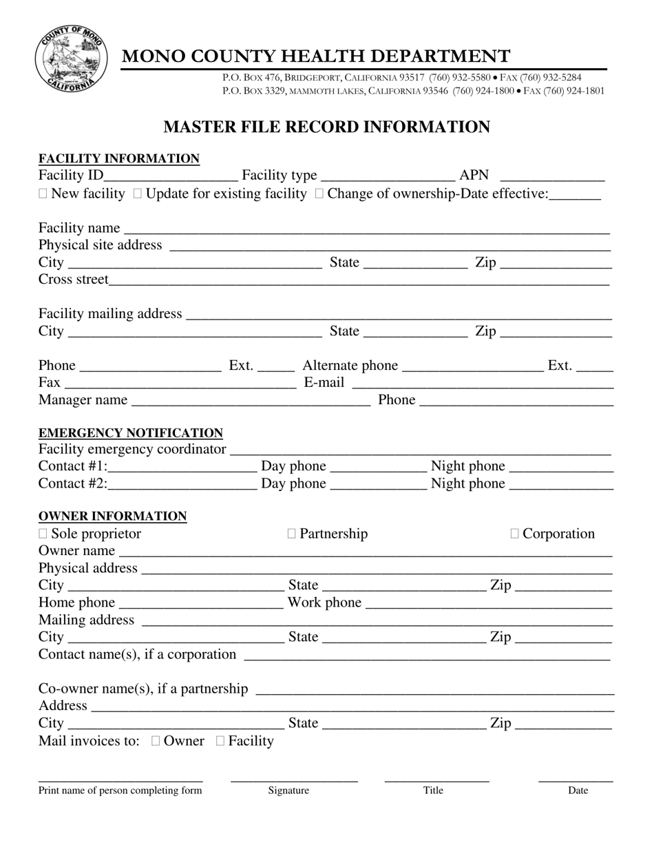 Mono County, California Master File Record Information - Fill Out, Sign ...