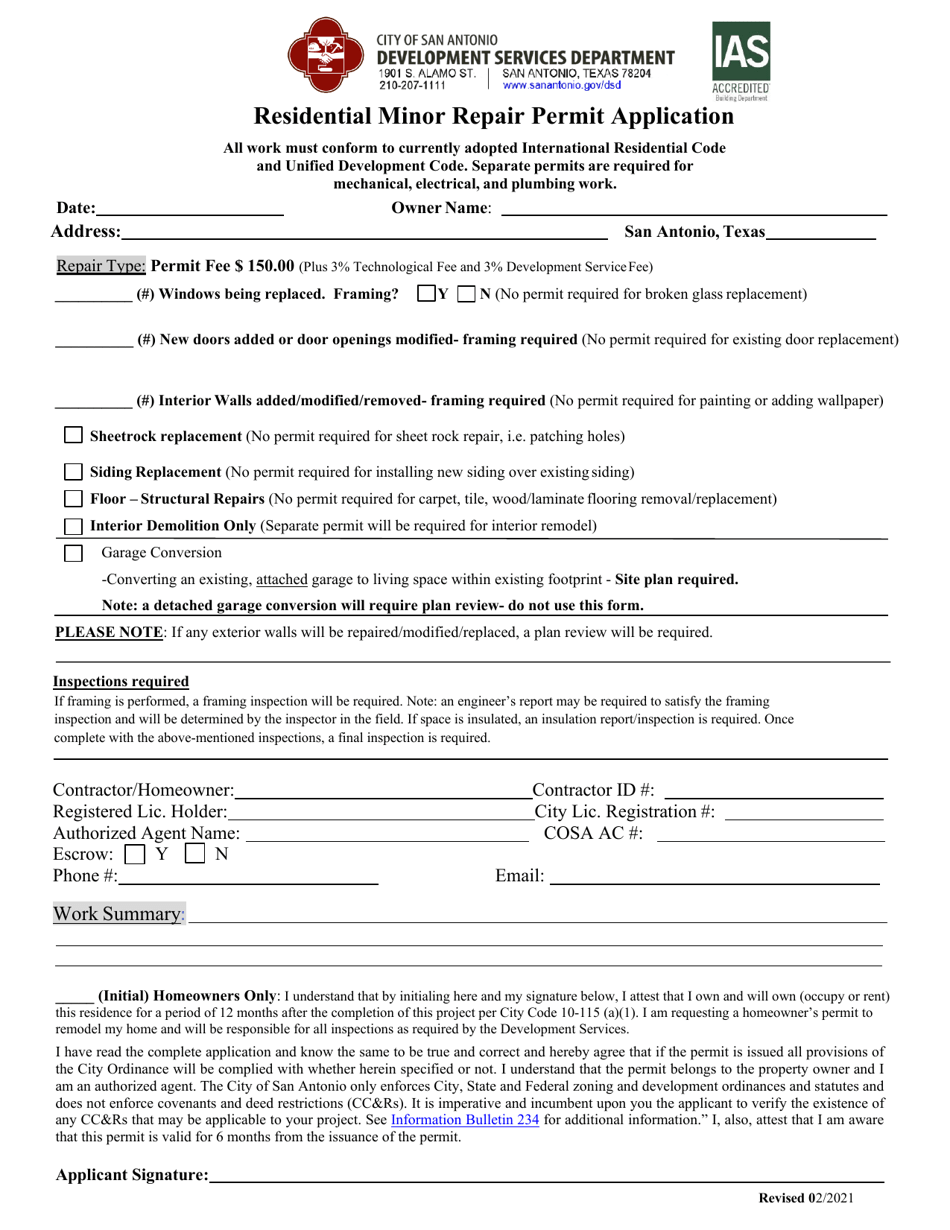 City of San Antonio, Texas Residential Minor Repair Permit Application ...